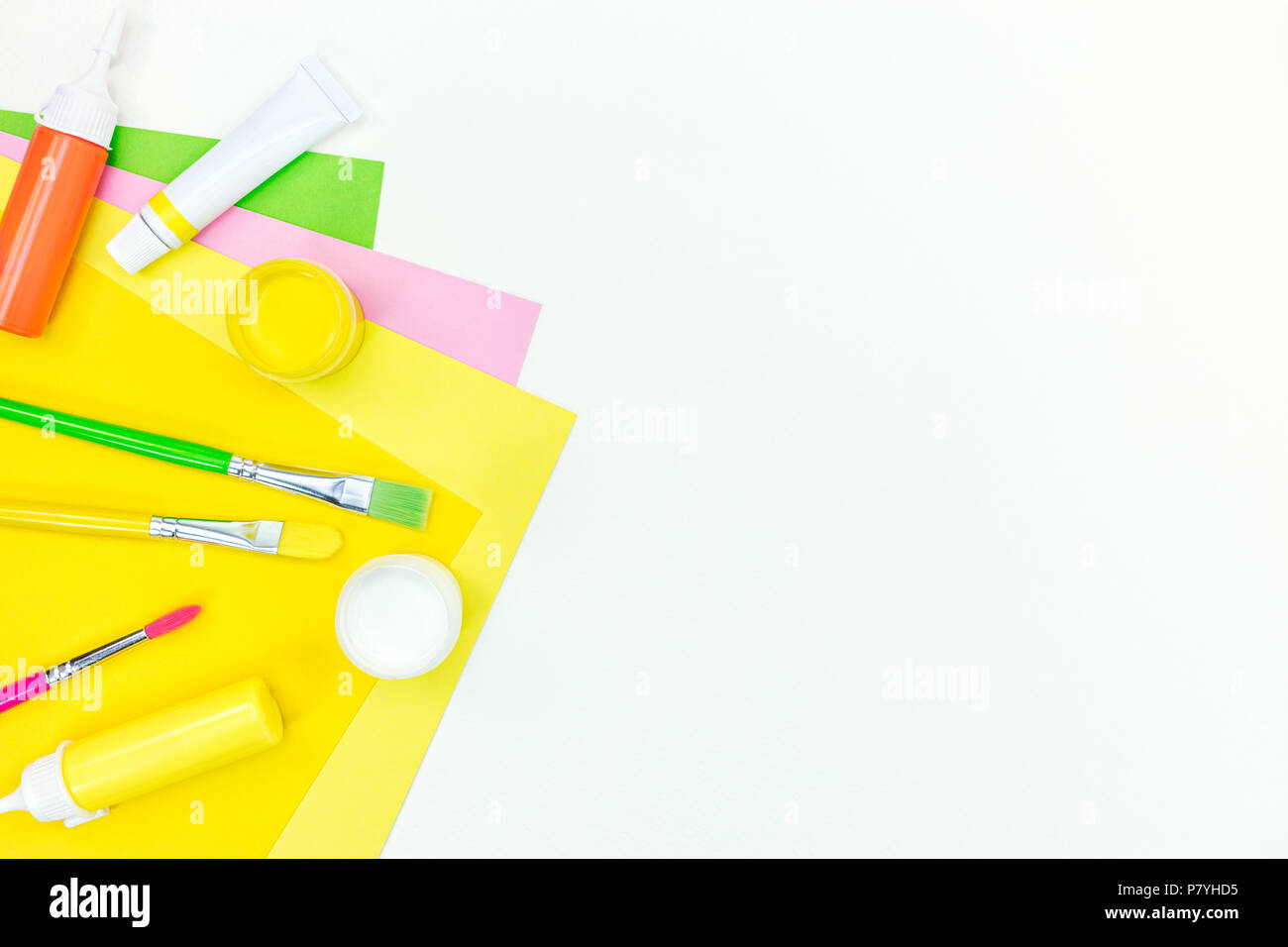 school supply set on white background. brushes, watercolor paints ...