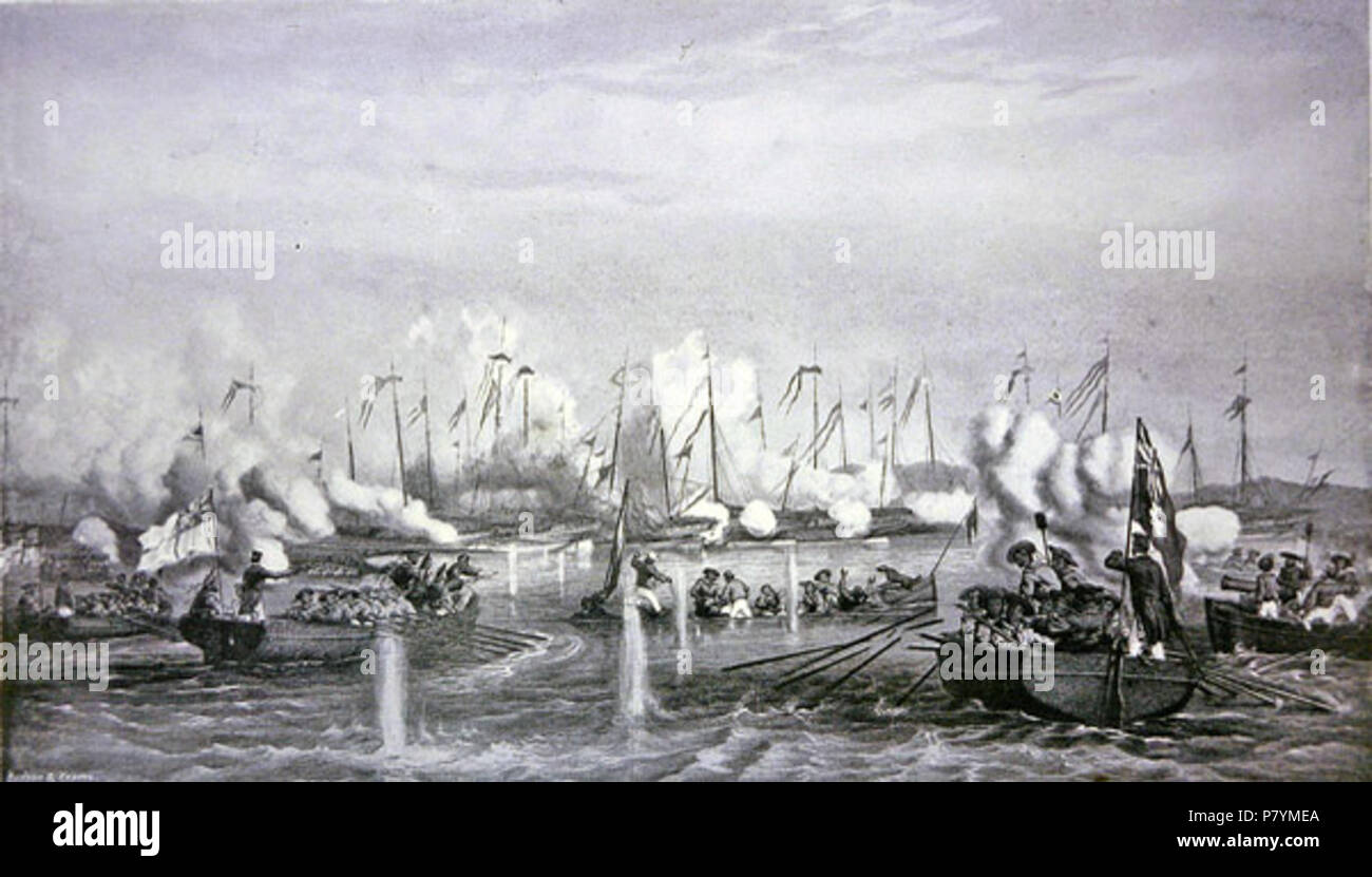 English: A Royal Navy force defeated a flotilla of Chinese war junks ...
