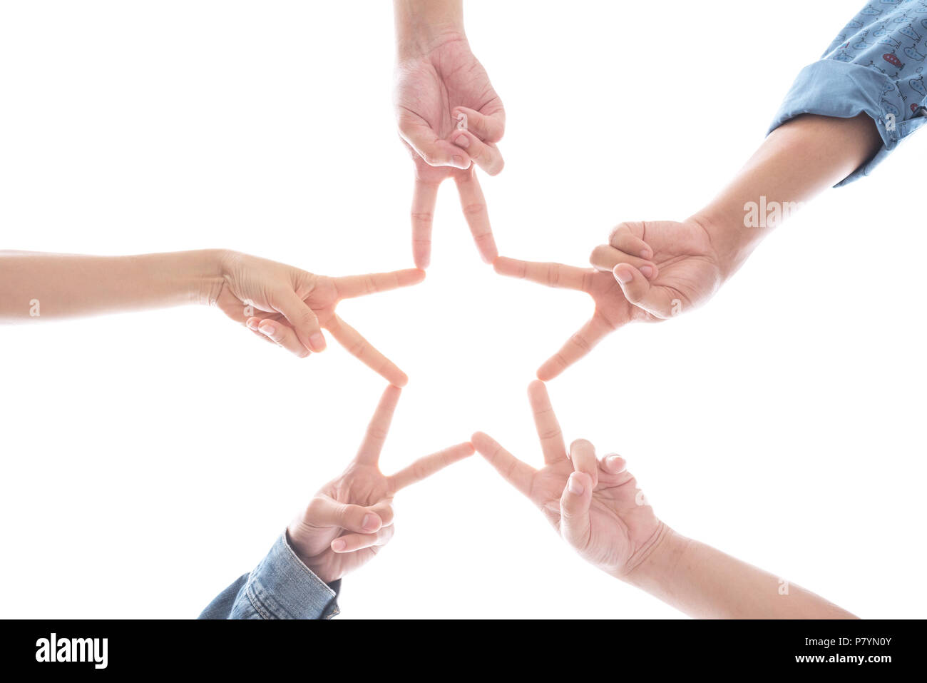 Hands in the form as star shape on isolated white background. Relation ...