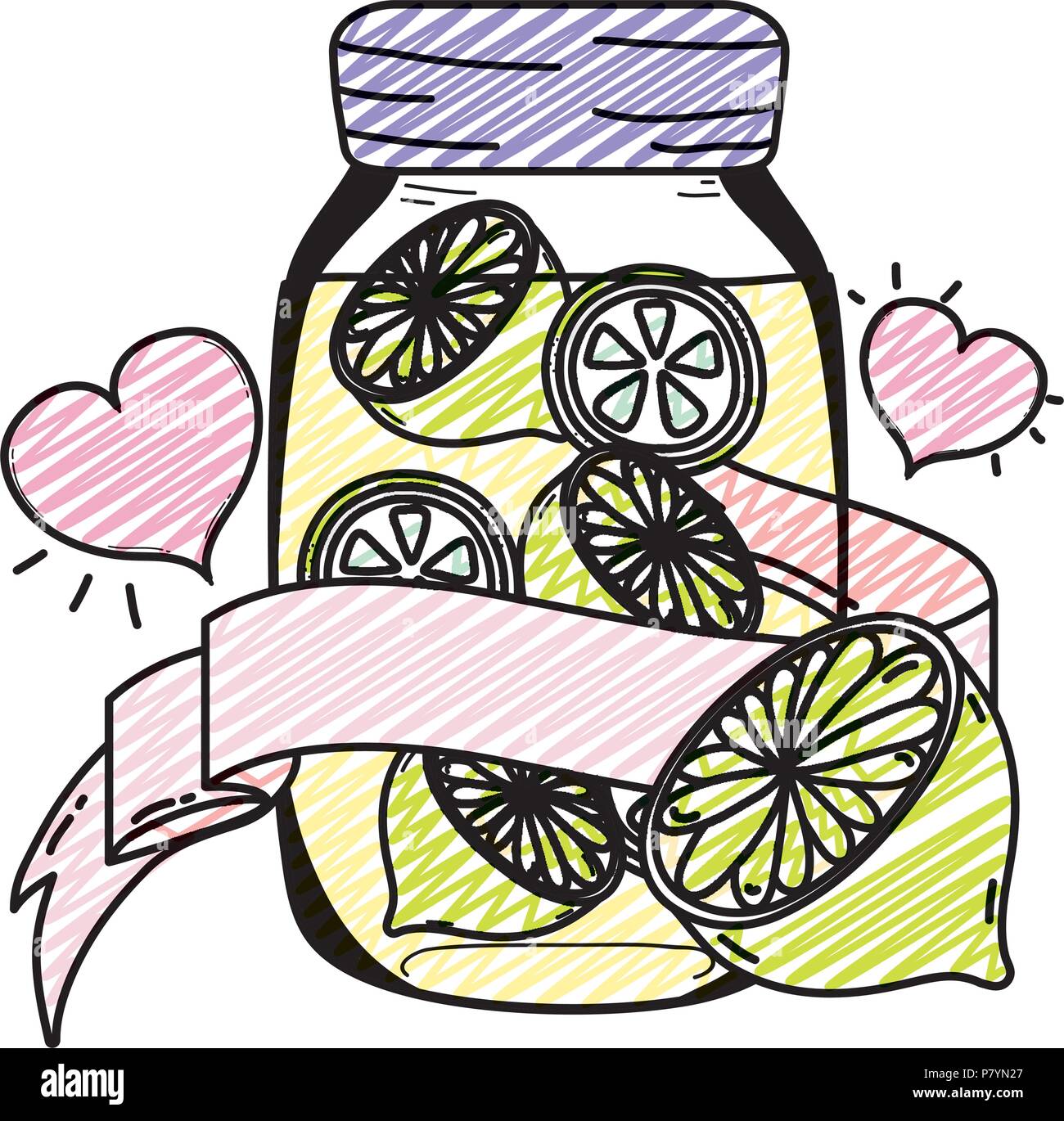 doodle delicios lemon juice in the mason with heart and ribbon Stock ...