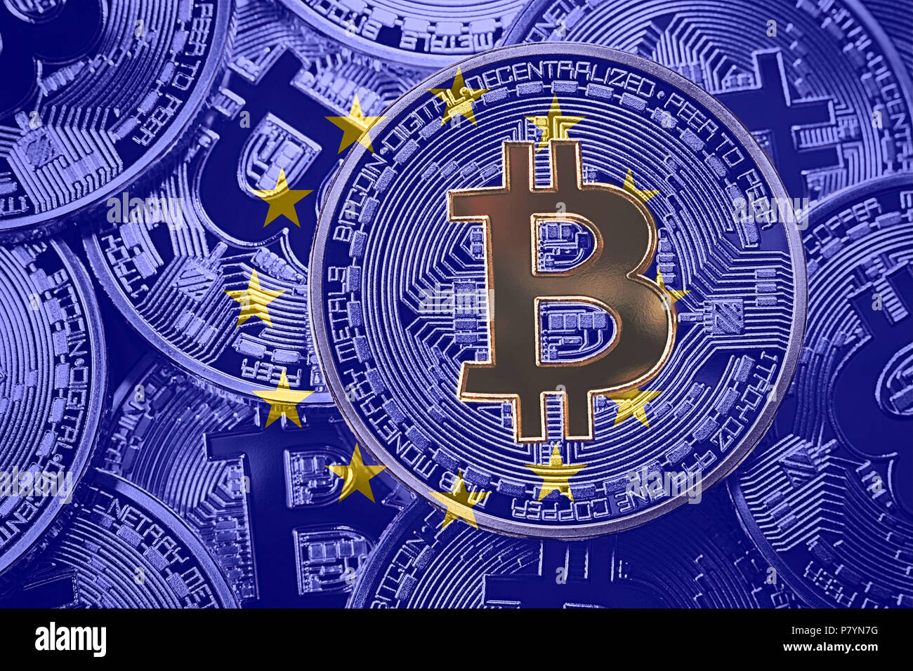Stack of Bitcoin European Union flag. Bitcoin cryptocurrencies concept ...