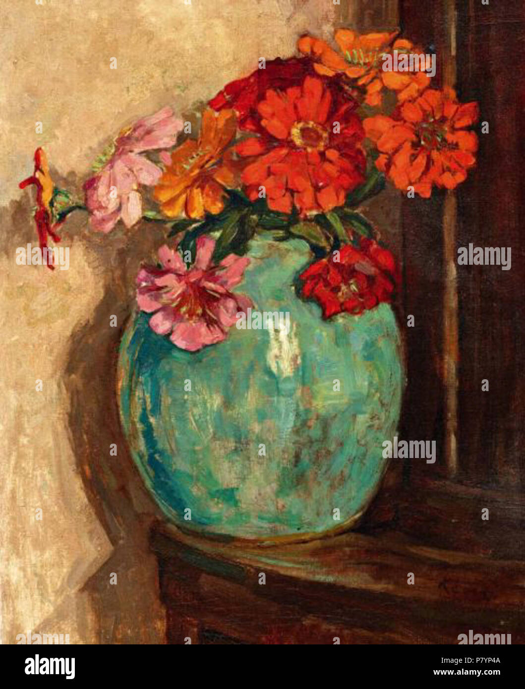 English: Gerberas in een groene vaas . circa 1900 230 Kever Gerberas ...