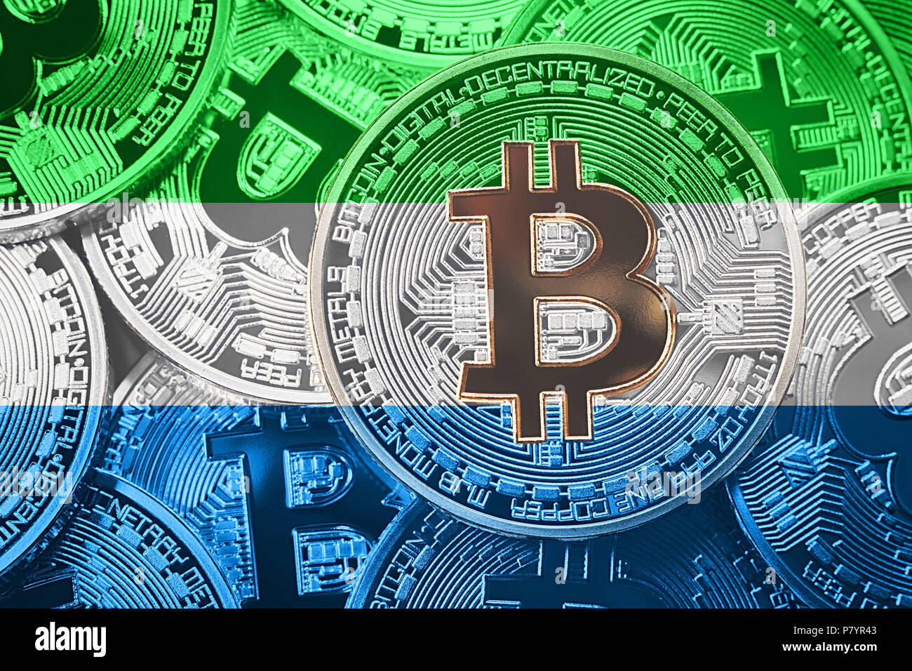 Stack of Bitcoin Sierra Leone flag. Bitcoin cryptocurrencies concept ...