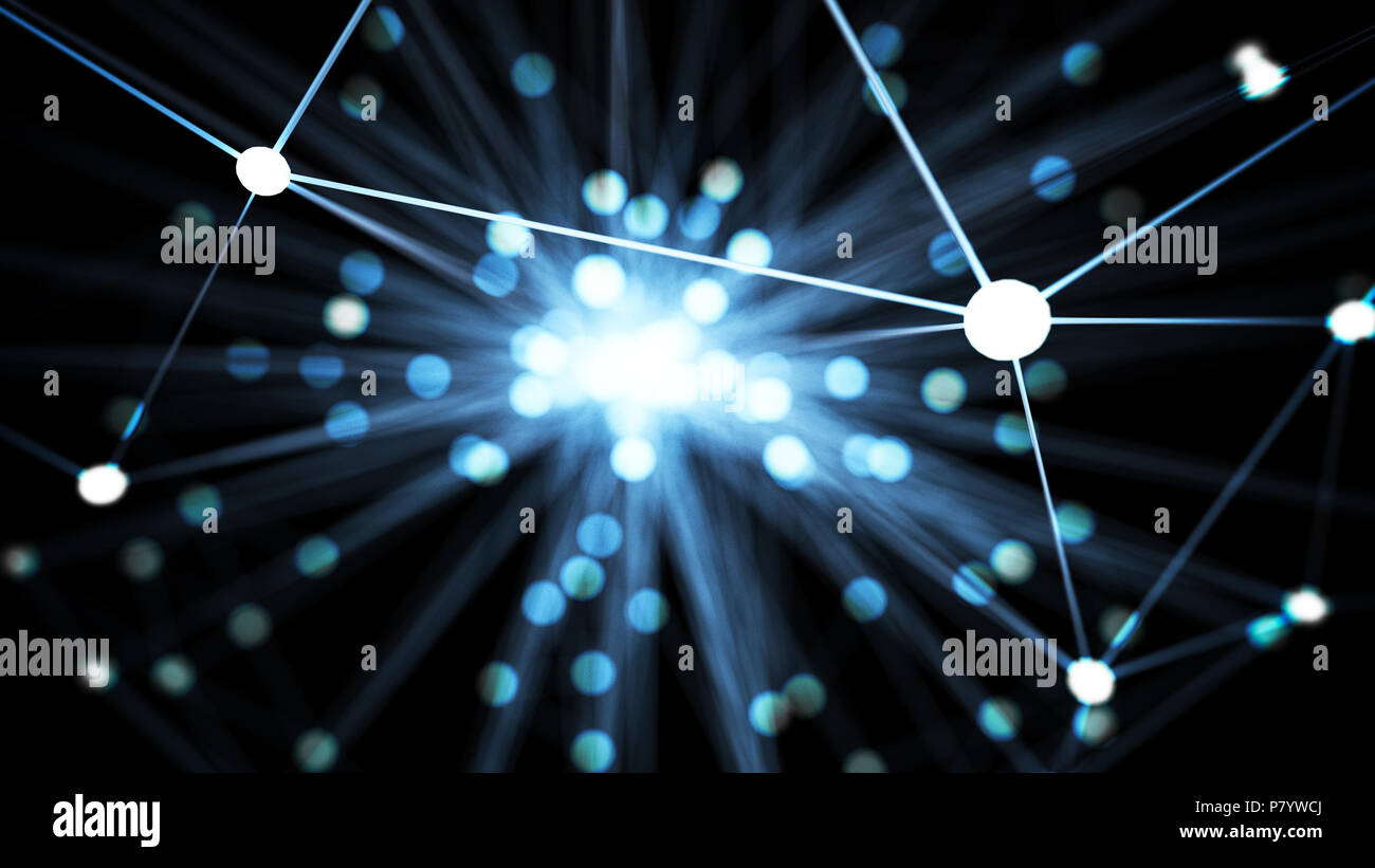 Abstract blue futuristic technology network node. Cable data line ...