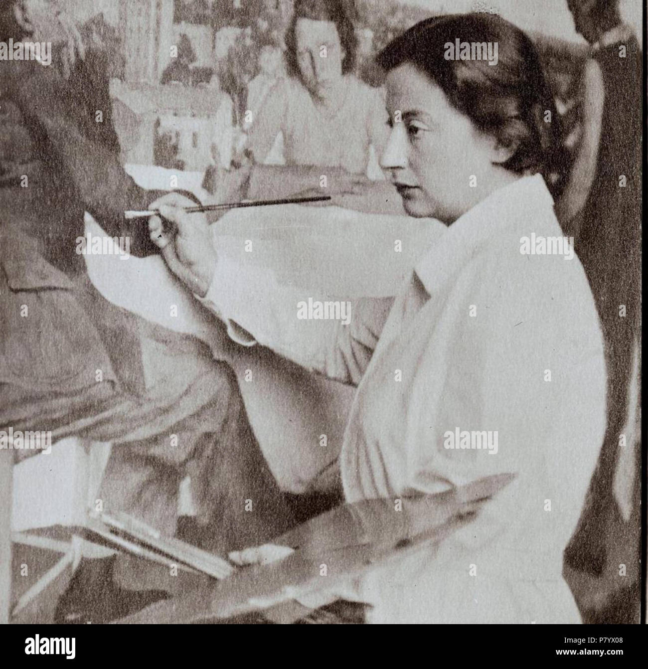 English: Lotte Laserstein painting her large work 'Evening over Potsdam ...