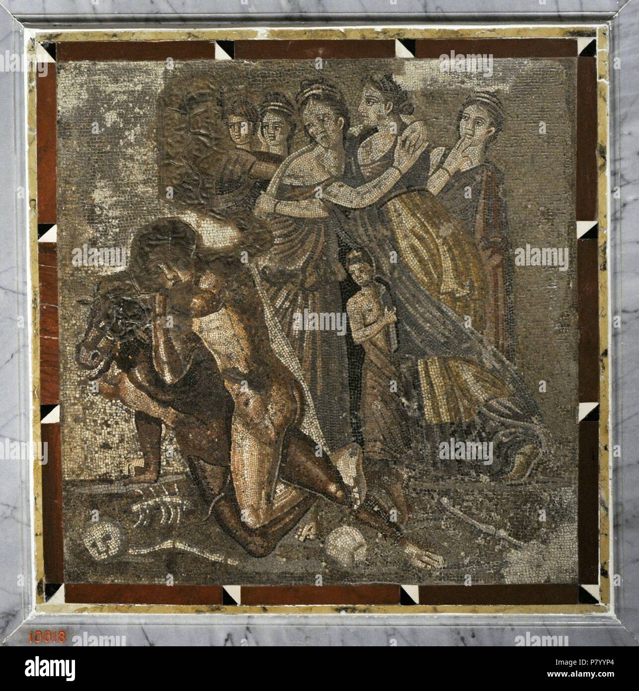Roman mosaic. Theseus killed the Minotaur. From Chieti. Italy. National ...