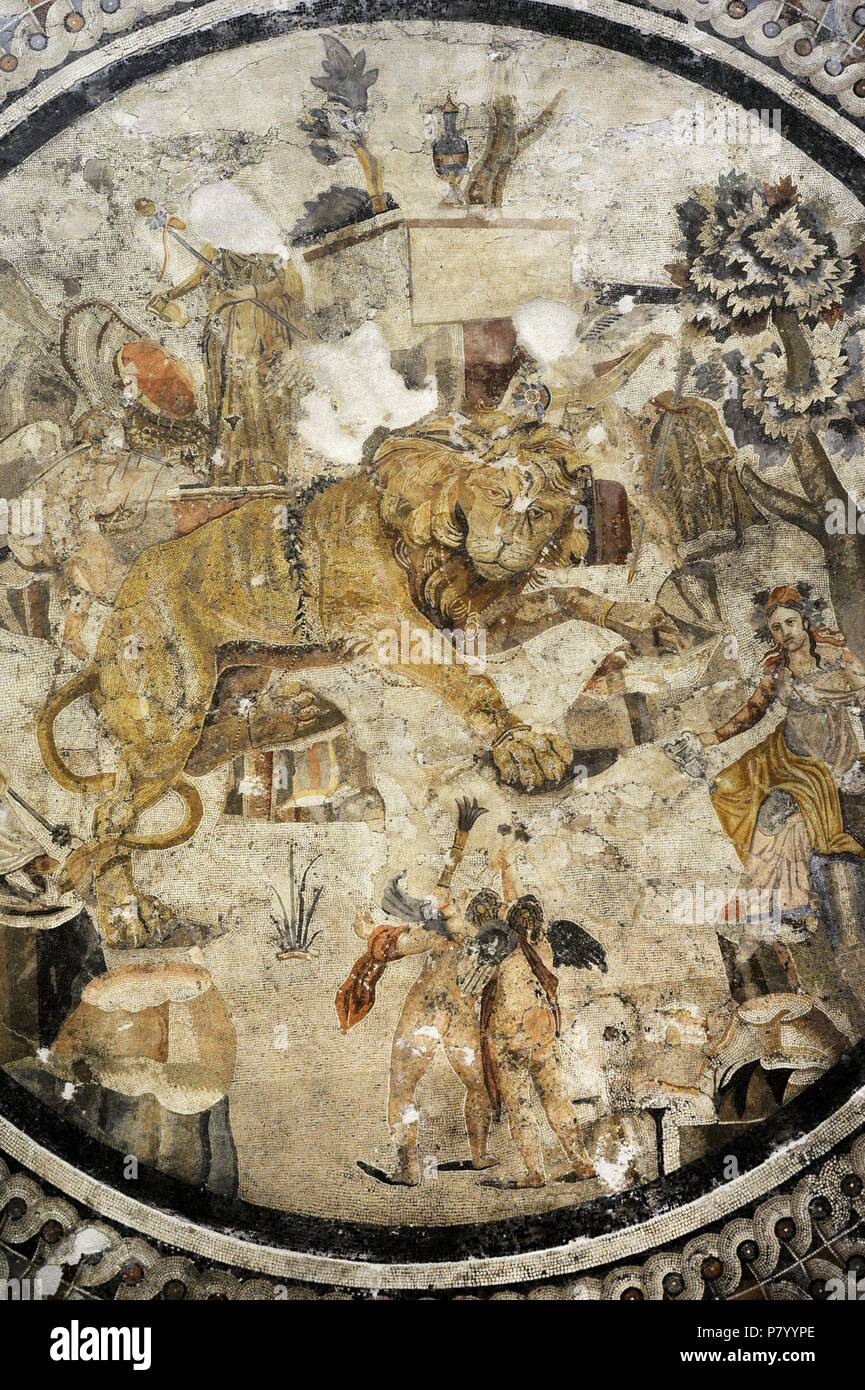 Round Roman mosaic of a lion and Cupids between Dionysus and Maenad ...
