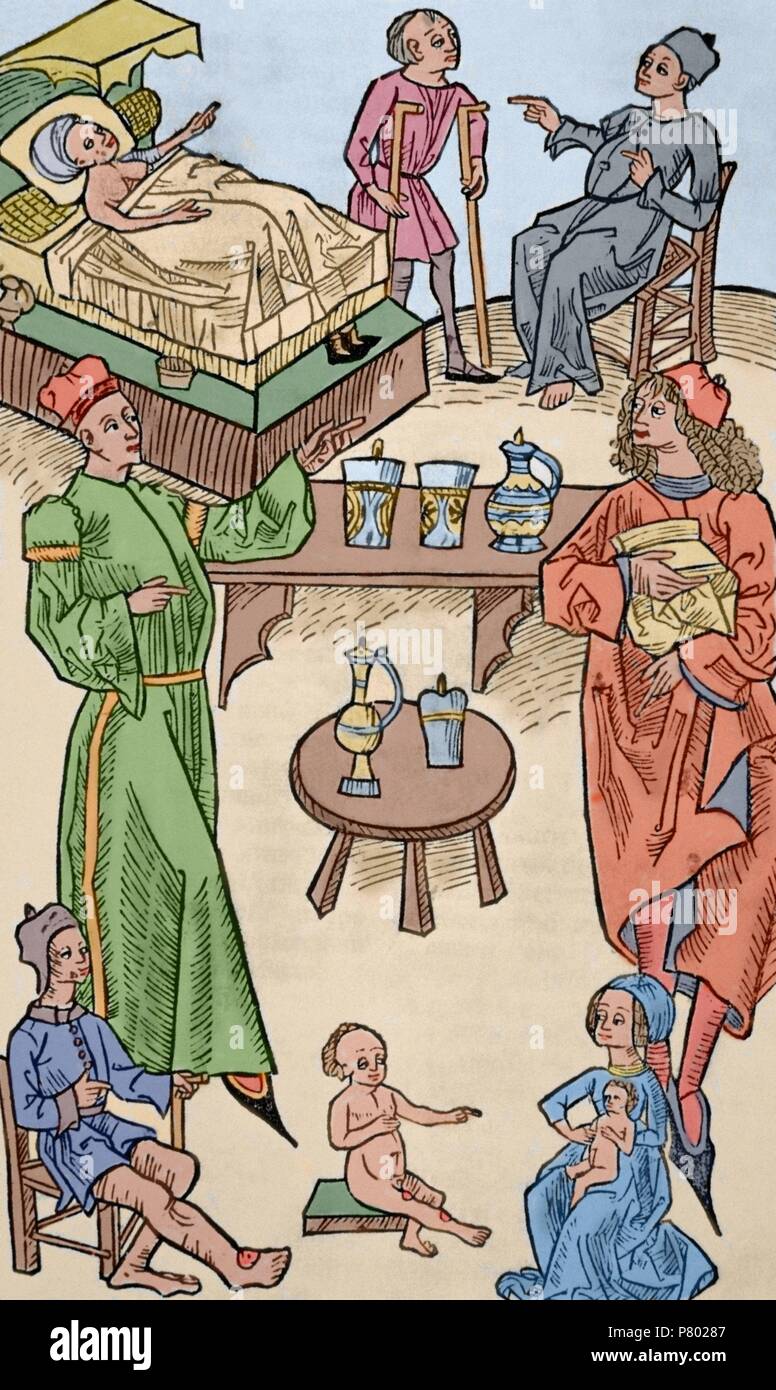 Medicine. Doctors visiting patients. 15th century. Woodcut in "Hortus ...
