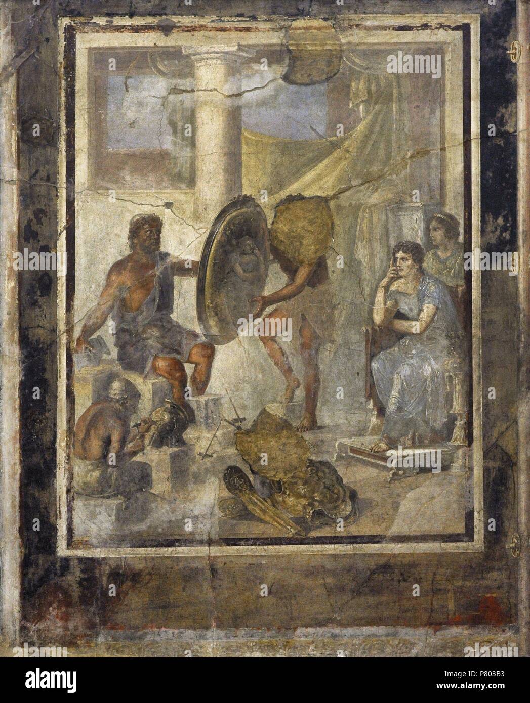 Roman painting. Thetis, whose image is reflected in the shield, look ...