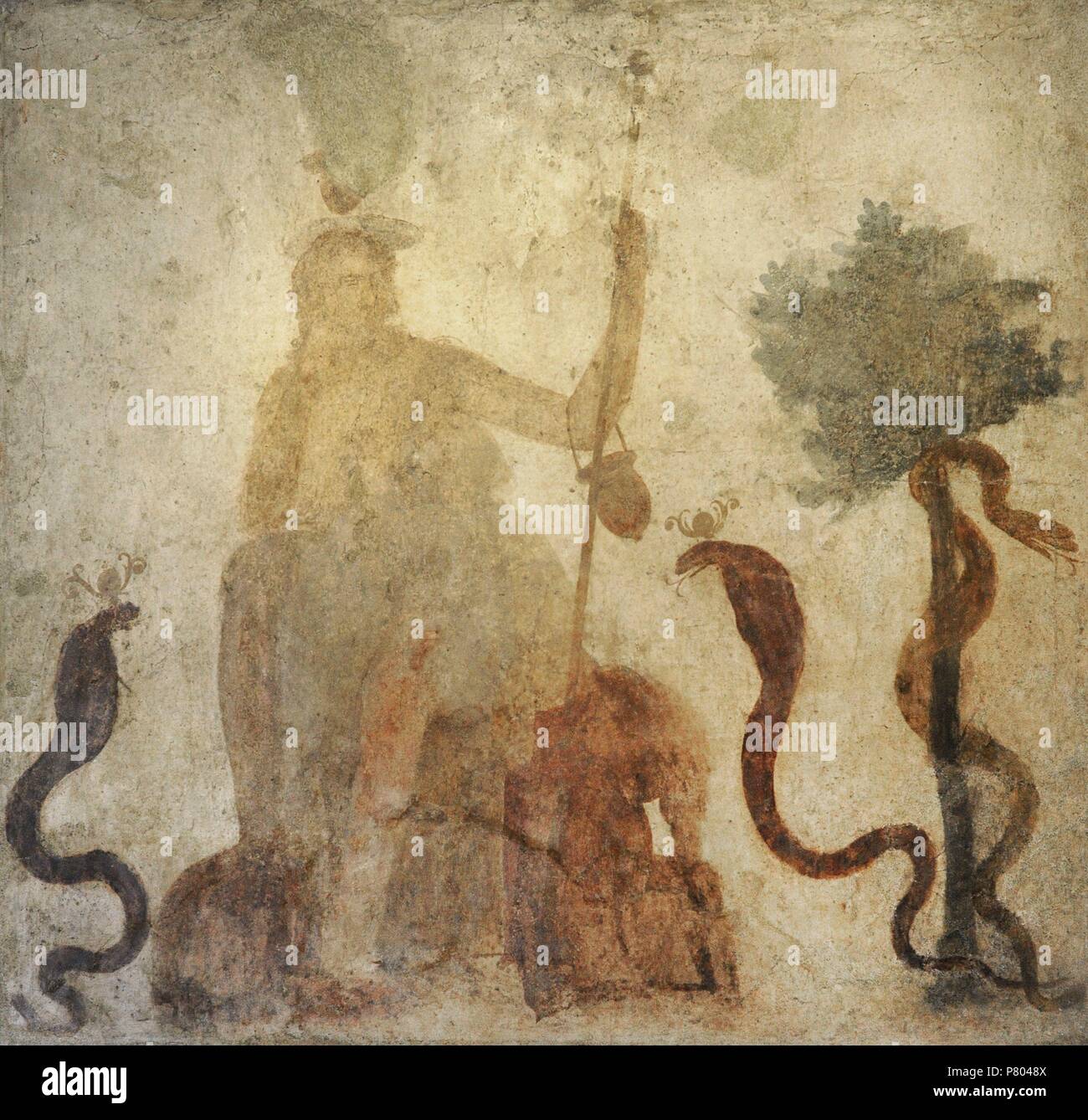 Osiris-Serapis in throne between cobra beside a sycomore with snake ...