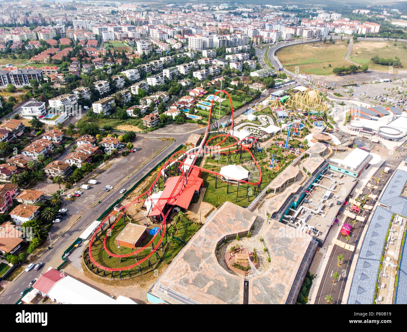 Aerial view park roller coaster hi-res stock photography and images - Alamy