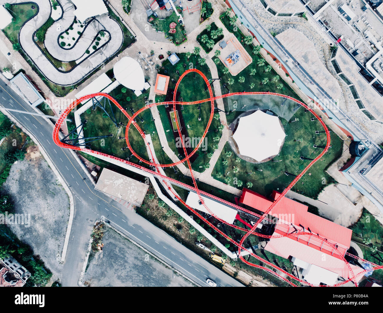 Aerial view park roller coaster hi-res stock photography and images - Alamy