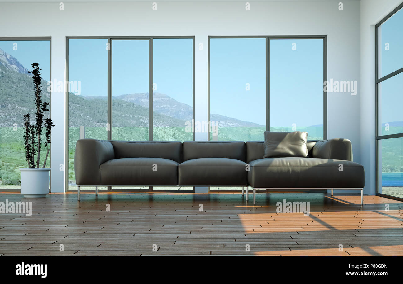 Bright room with leather sofa in front of a window Stock Photo - Alamy