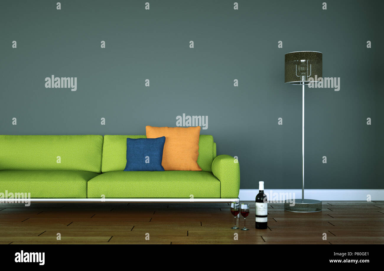Interior design bright room with green sofa Stock Photo - Alamy