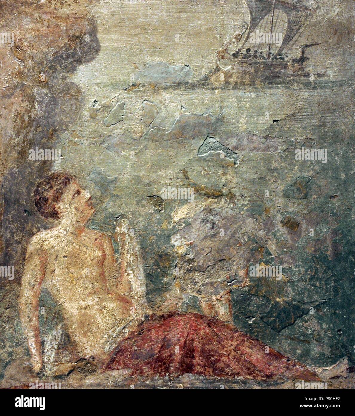 Roman fresco depicting Ariadne forsaken by Theseus whose ship can be ...