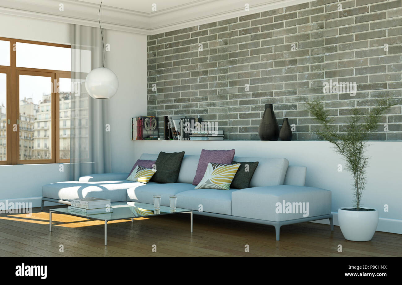 Interior design modern bright room with white sofa Stock Photo - Alamy
