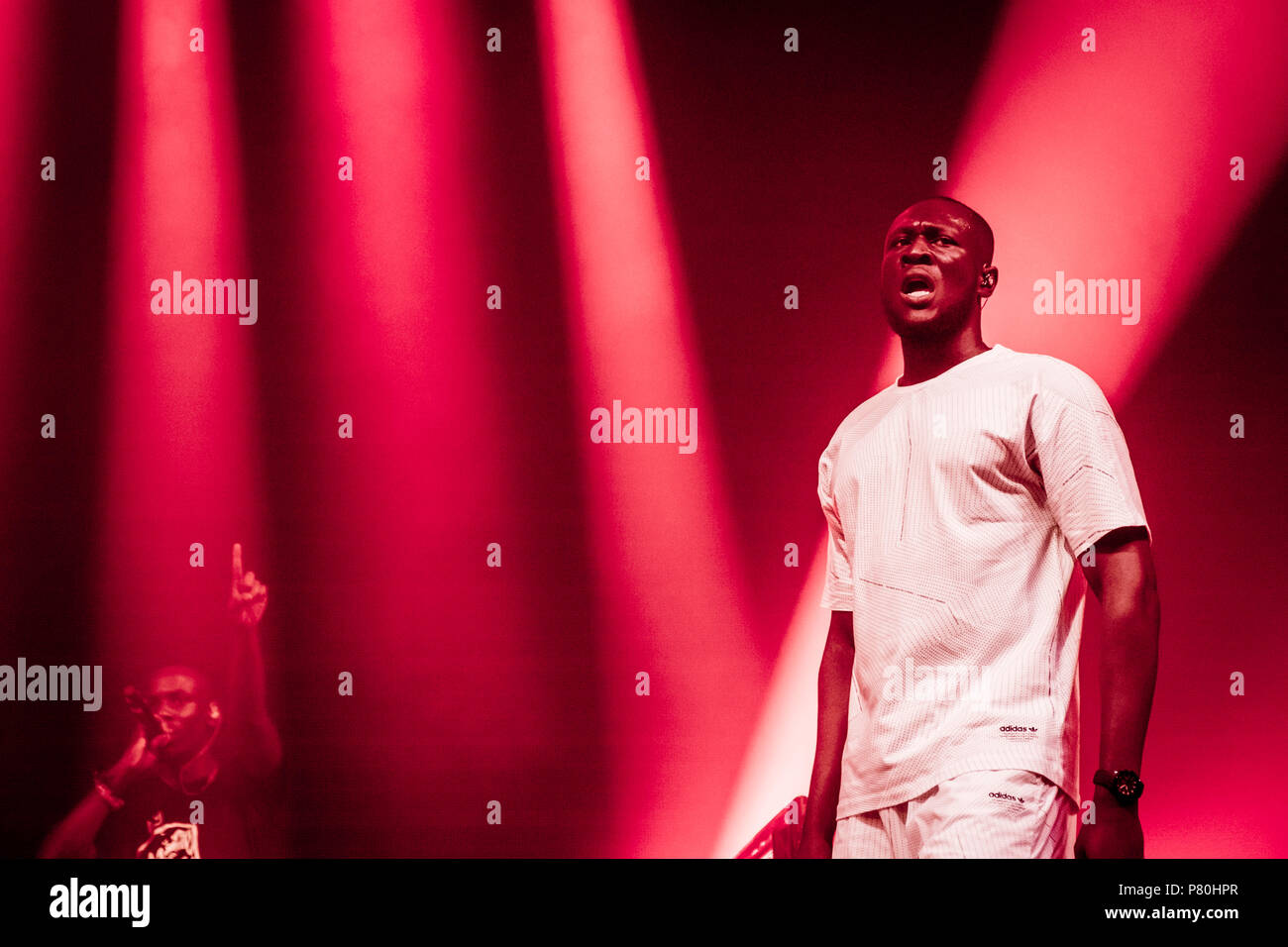 Denmark, Roskilde - July 5, 2018. The English grime rapper Stormzy ...