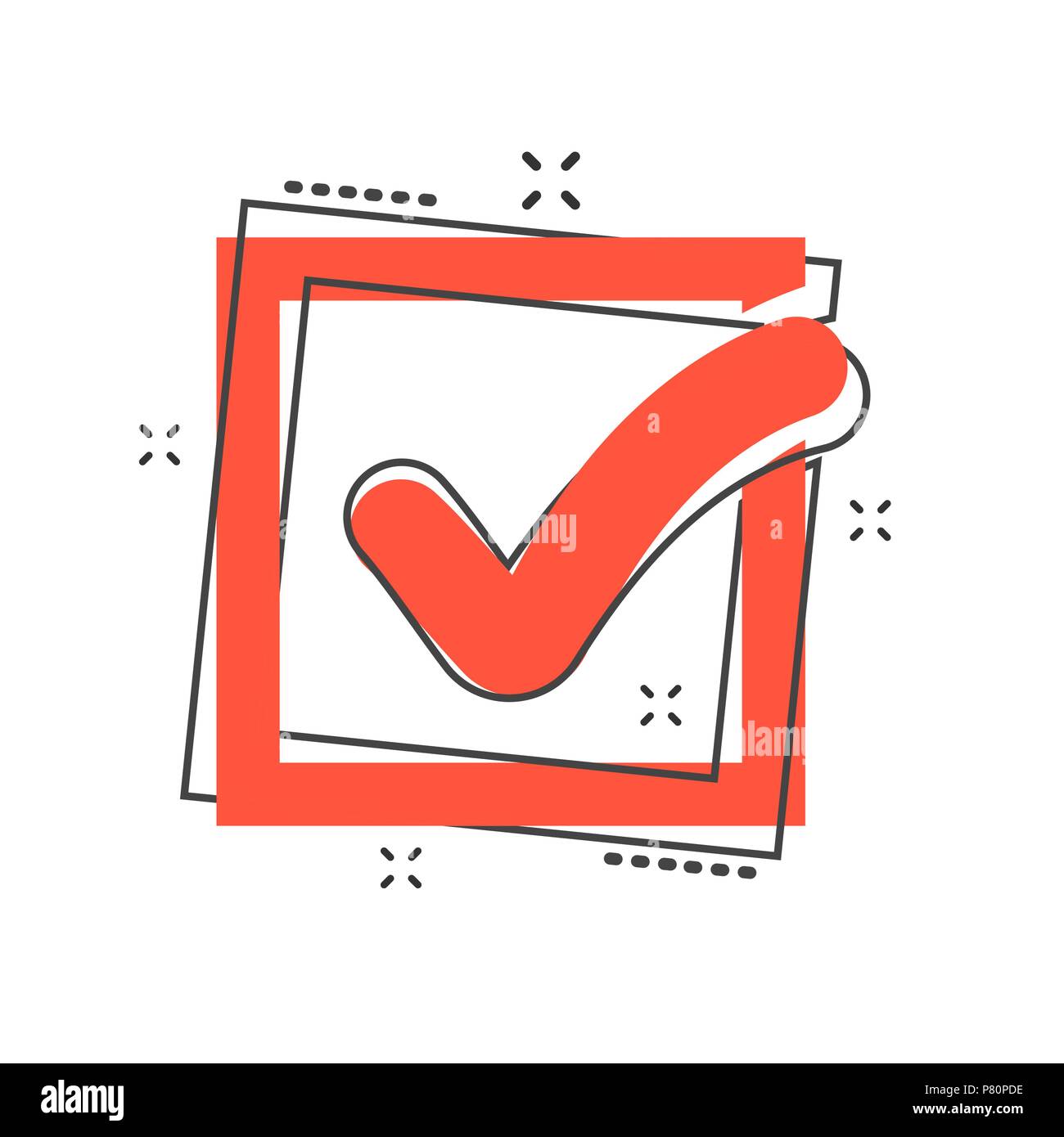 Cartoon check mark icon in comic style. Approved illustration pictogram ...