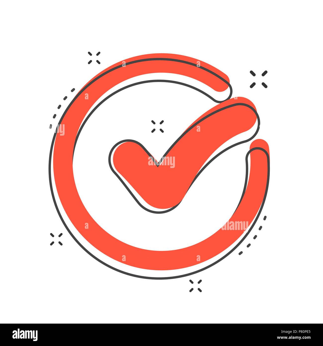 Cartoon check mark icon in comic style. Approved illustration pictogram ...