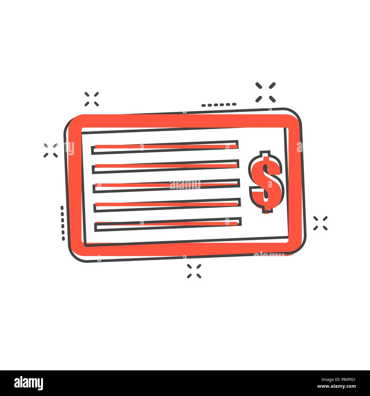 Cartoon money check icon in comic style. Bank checkbook illustration ...
