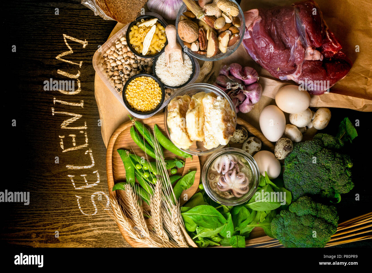 Natural products and ingredients containing selenium as octopus, bread ...