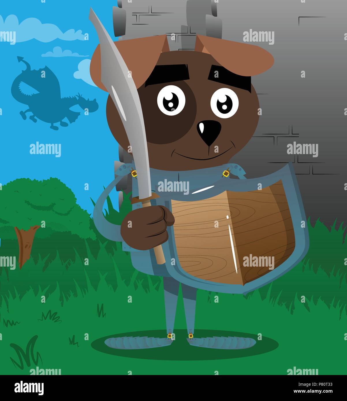 Cartoon illustrated brave dog knight in armor. Vector cartoon character ...