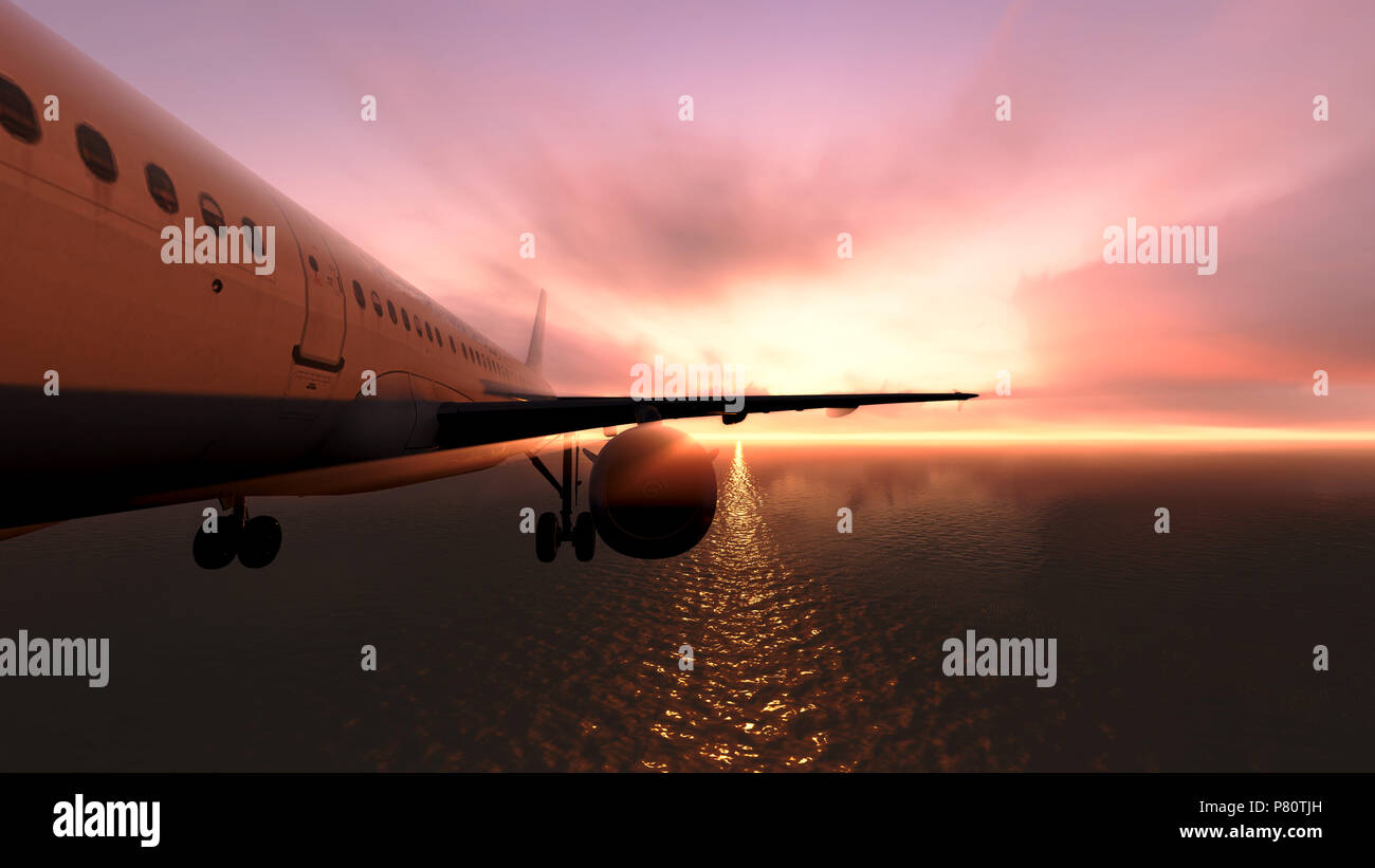 The plane was flying over the ocean on sunset Stock Photo - Alamy