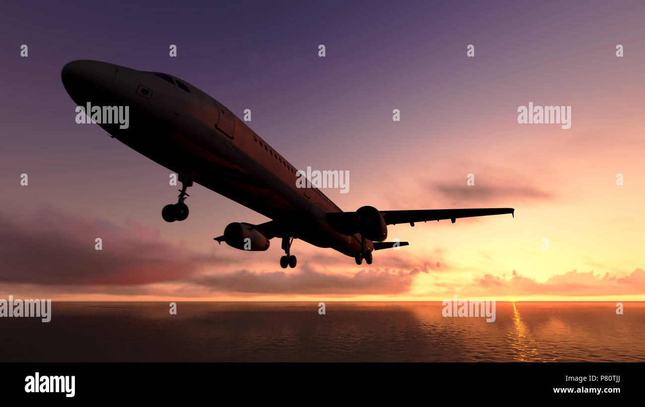 The plane was flying over the ocean on sunset Stock Photo - Alamy