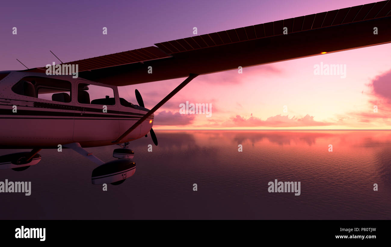 The plane was flying over the ocean on sunset Stock Photo - Alamy