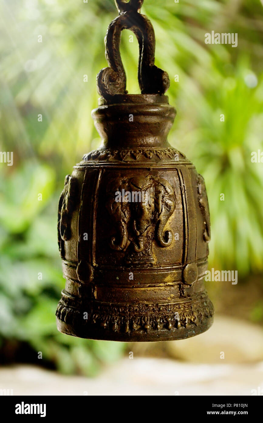 Thailand gong hanging on the rope. Thai gong in public places at the ...