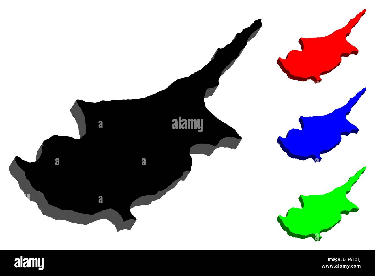 3D map of Cyprus (Republic of Cyprus) - black, red, blue and green ...