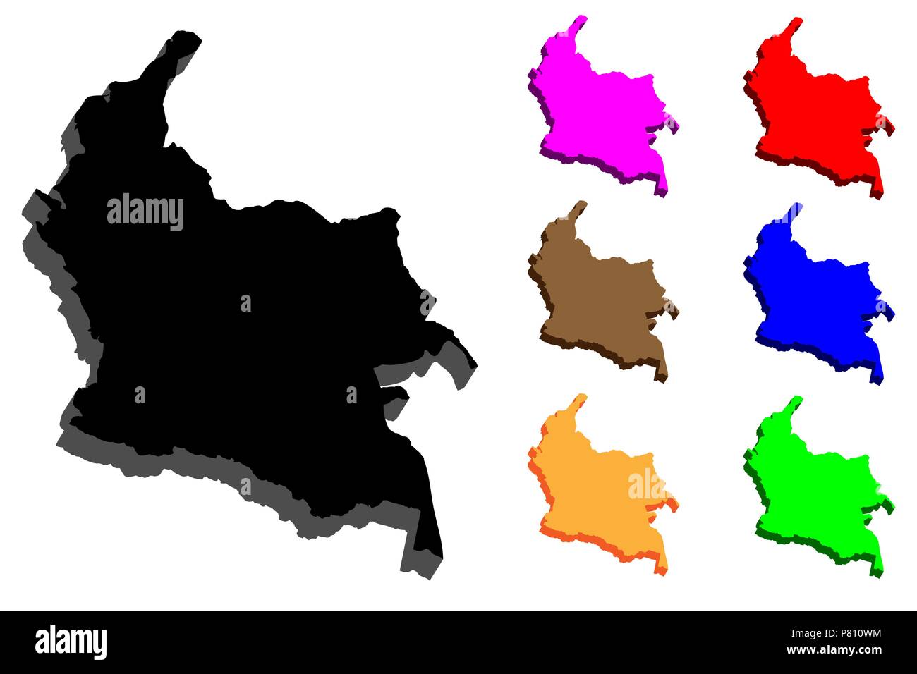 3D map of Colombia (Republic of Colombia) - black, red, purple, orange ...