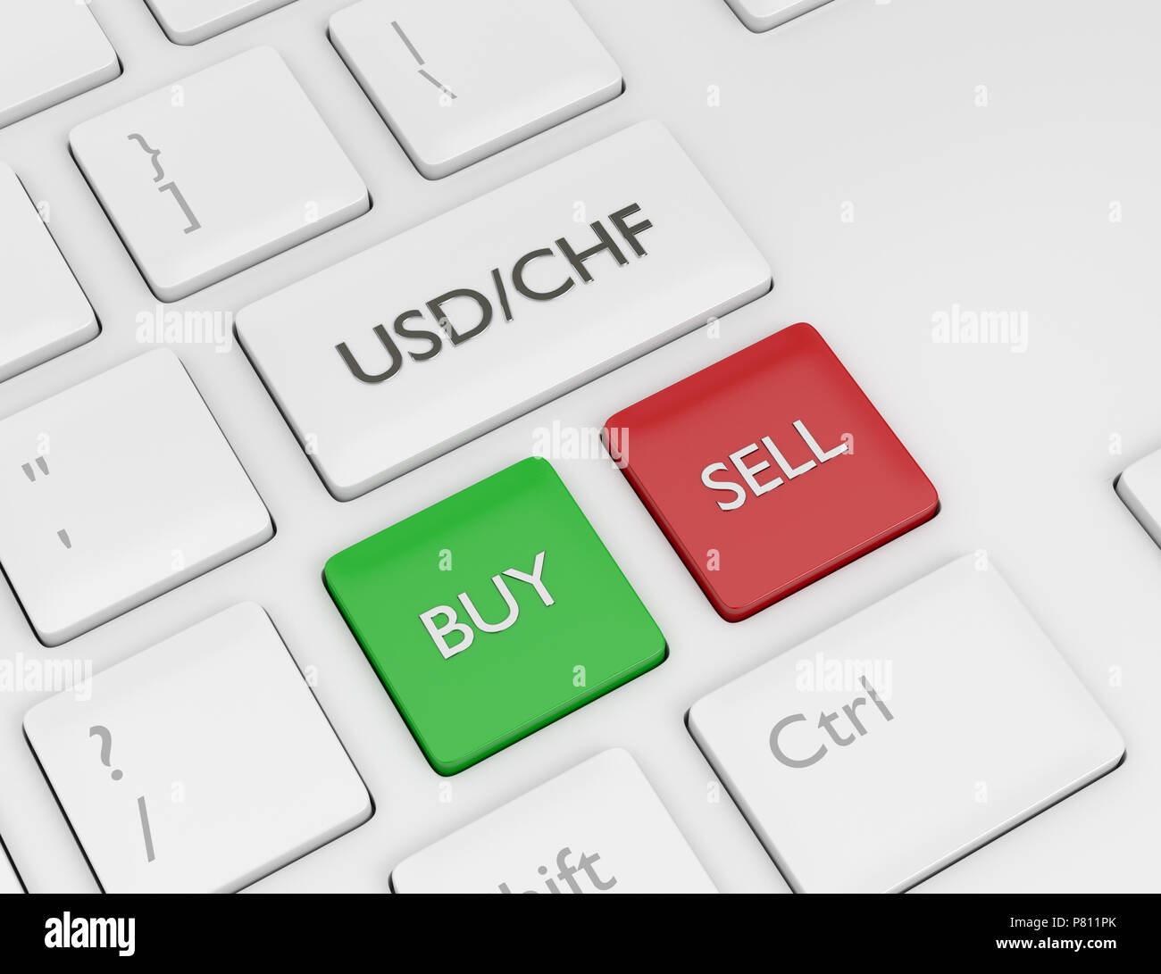 3d render of computer keyboard with swiss franc and amierican dollar ...