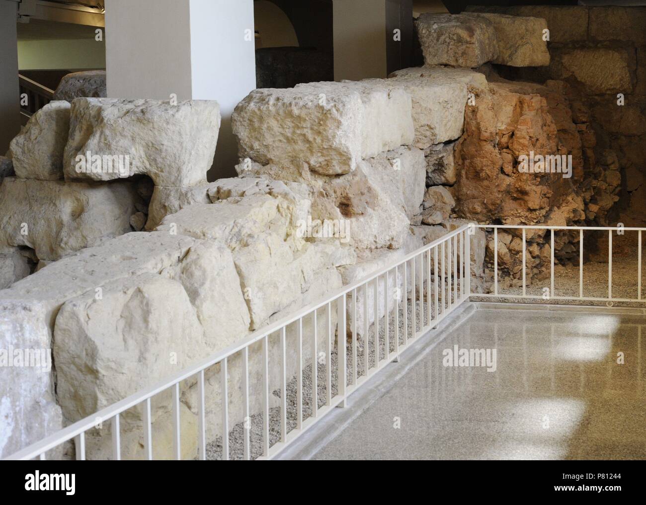 Stretch of Roman wall. Tarragona (ancient Tarraco), Spain. Stone from ...