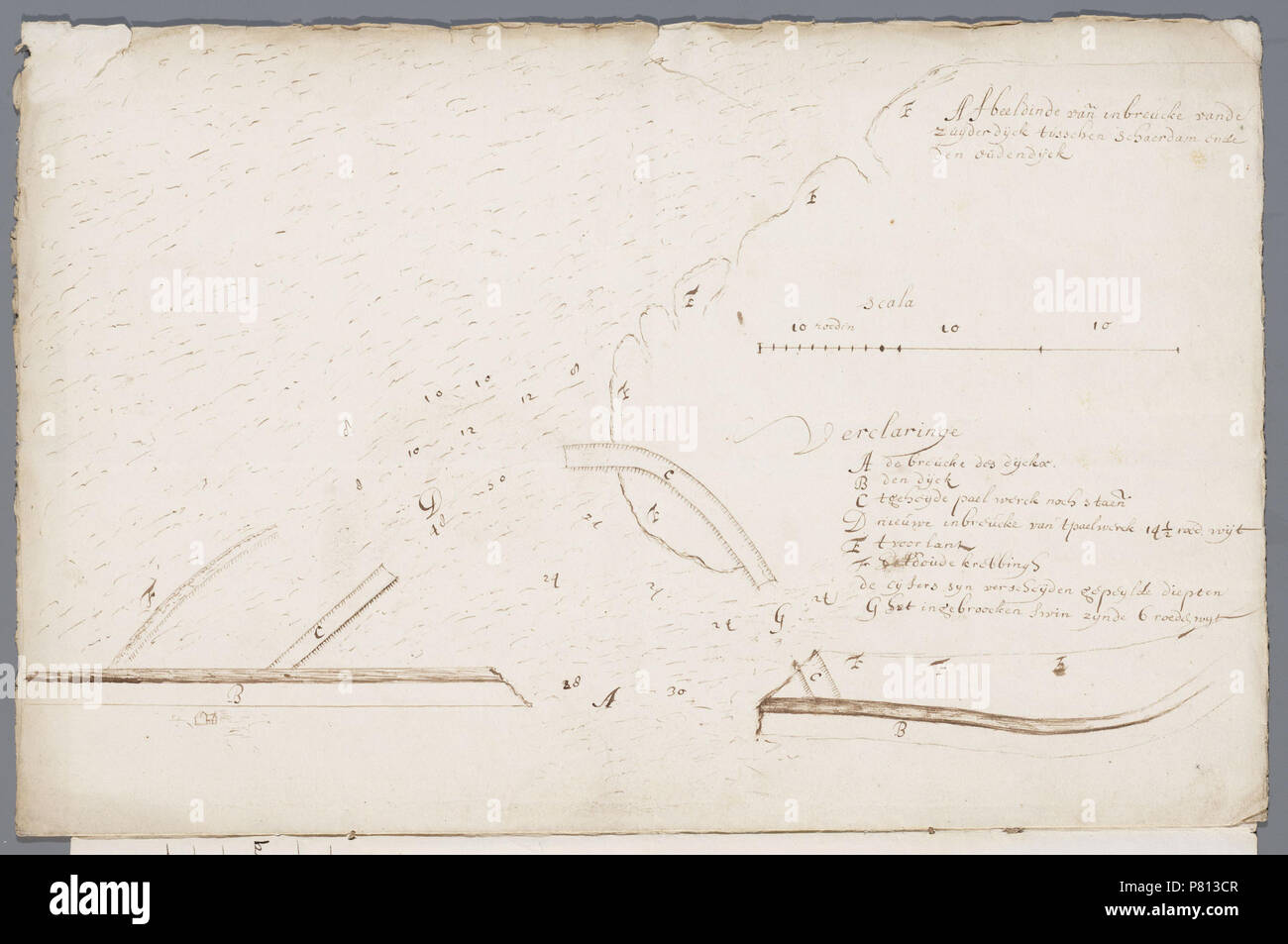 Kaart waarop de doorbraken in de dijk tussen Schardam en Oudendijk zijn ...
