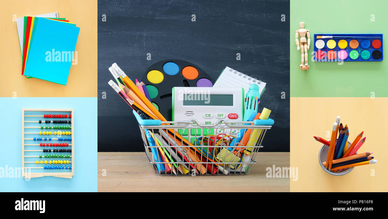 Back to school collage concept. school objects and supply with ...