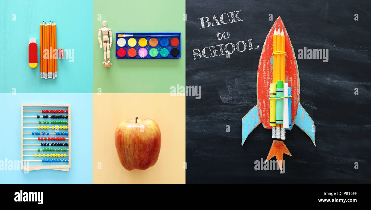 Back to school collage concept. school objects and supply with ...