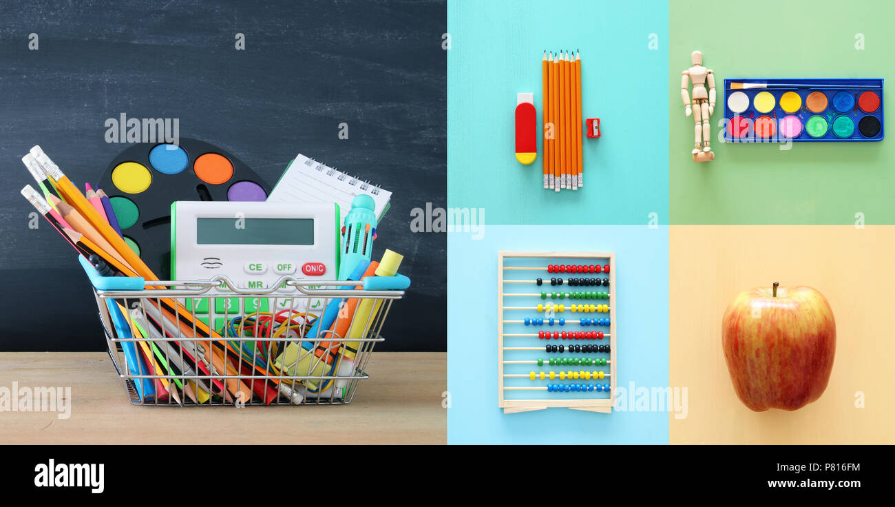 Back to school collage concept. school objects and supply with ...