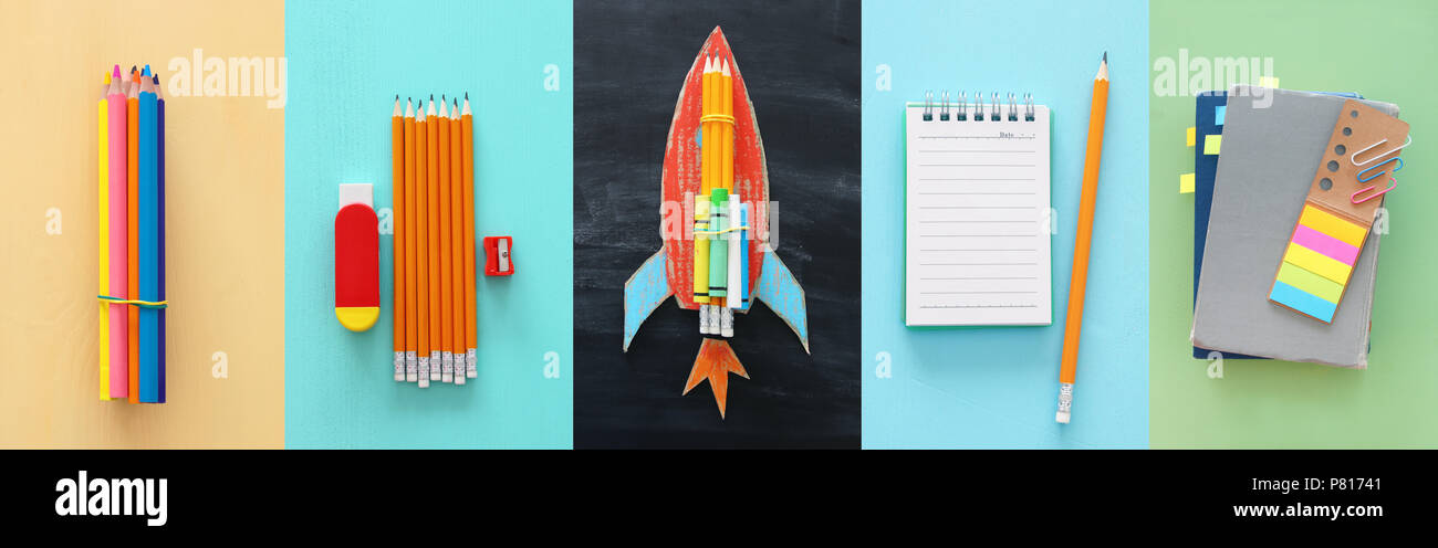 Back to school collage concept. school objects and supply with ...