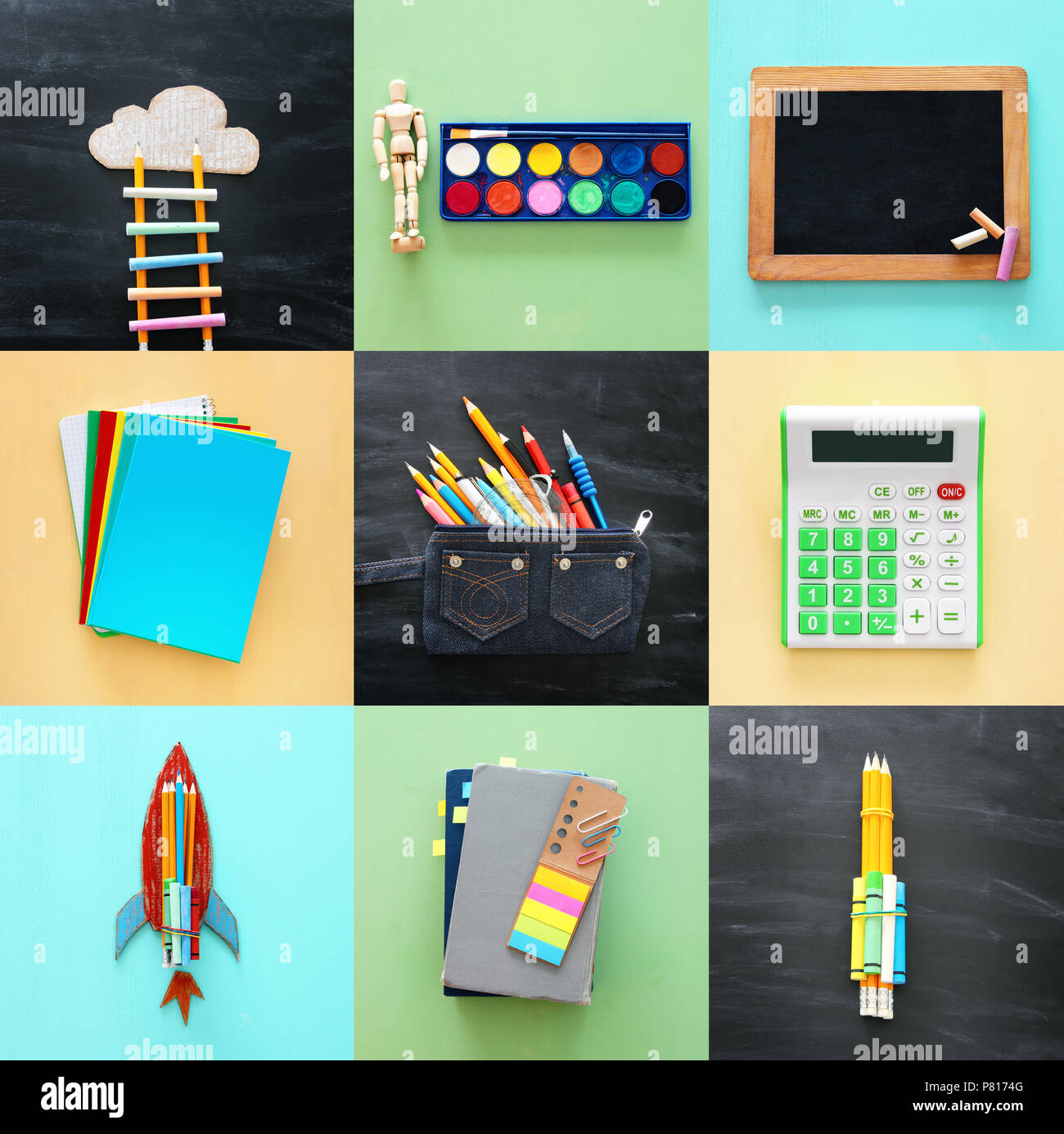 Back to school collage concept. school objects and supply with ...