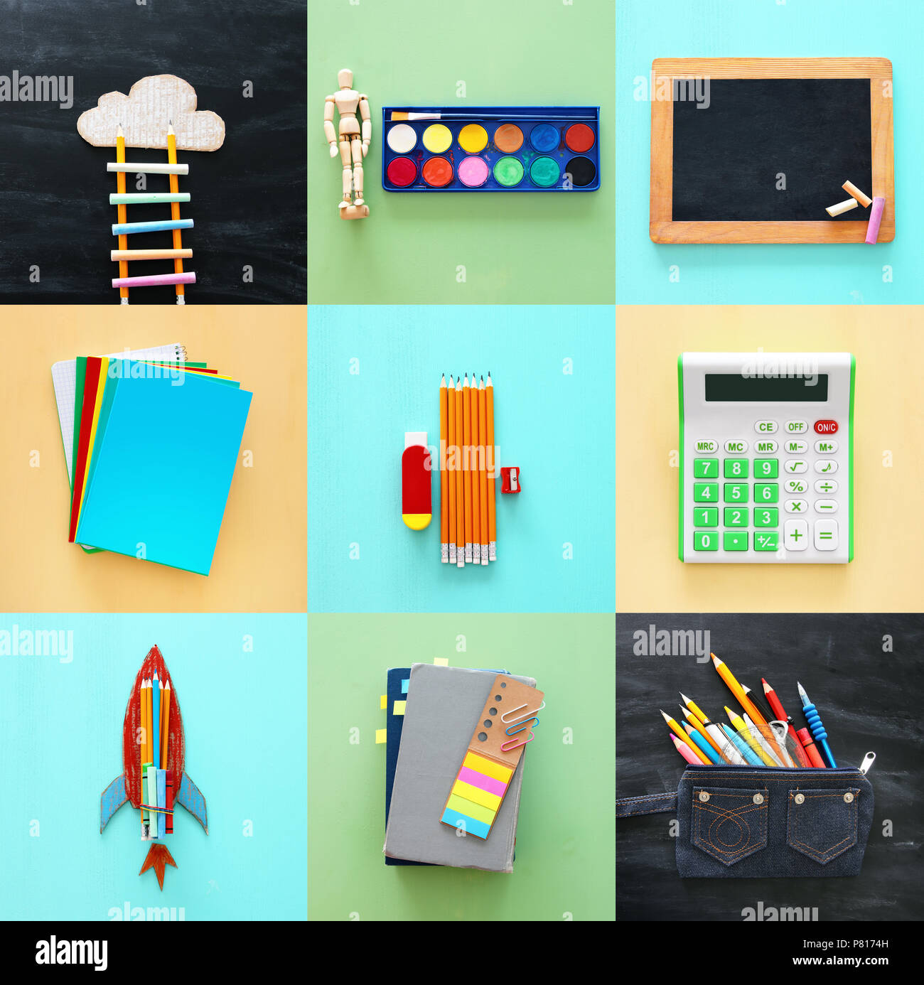Back to school collage concept. school objects and supply with ...