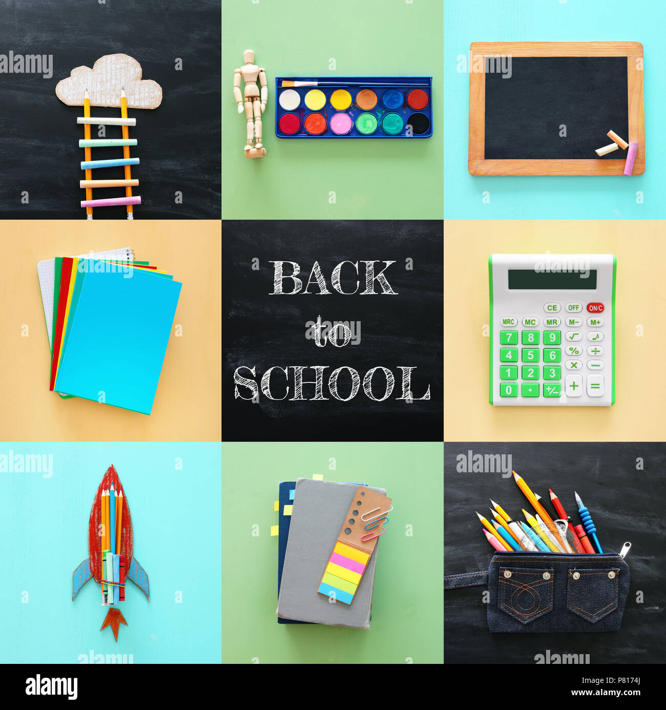 Back to school collage concept. school objects and supply with ...