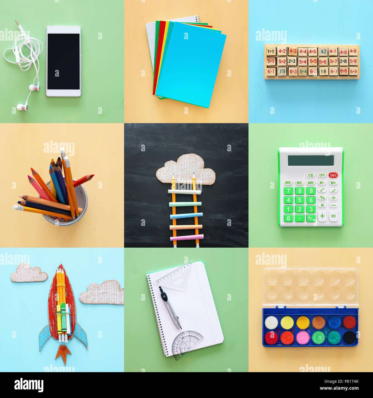 Back to school collage concept. school objects and supply with ...
