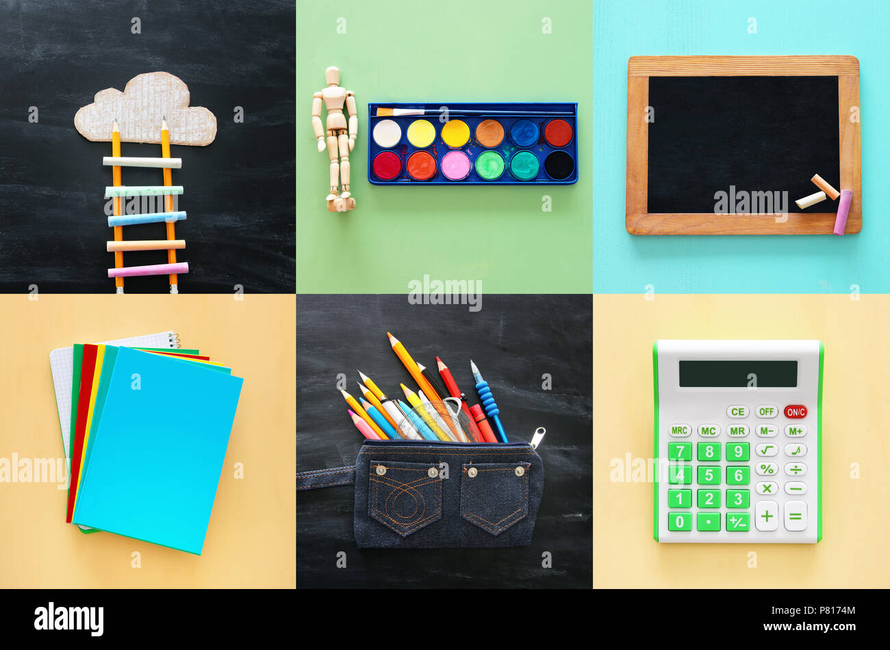 Back to school collage concept. school objects and supply with ...