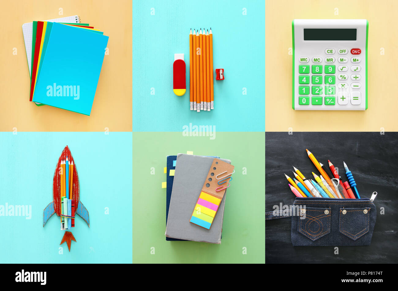 Back to school collage concept. school objects and supply with ...