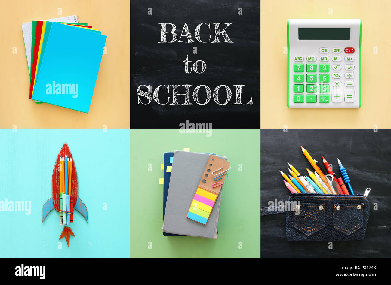 Back to school collage concept. school objects and supply with ...