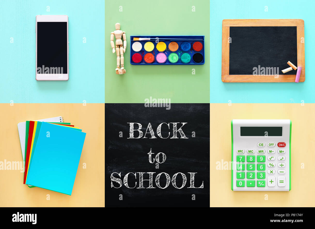 Back to school collage concept. school objects and supply with ...