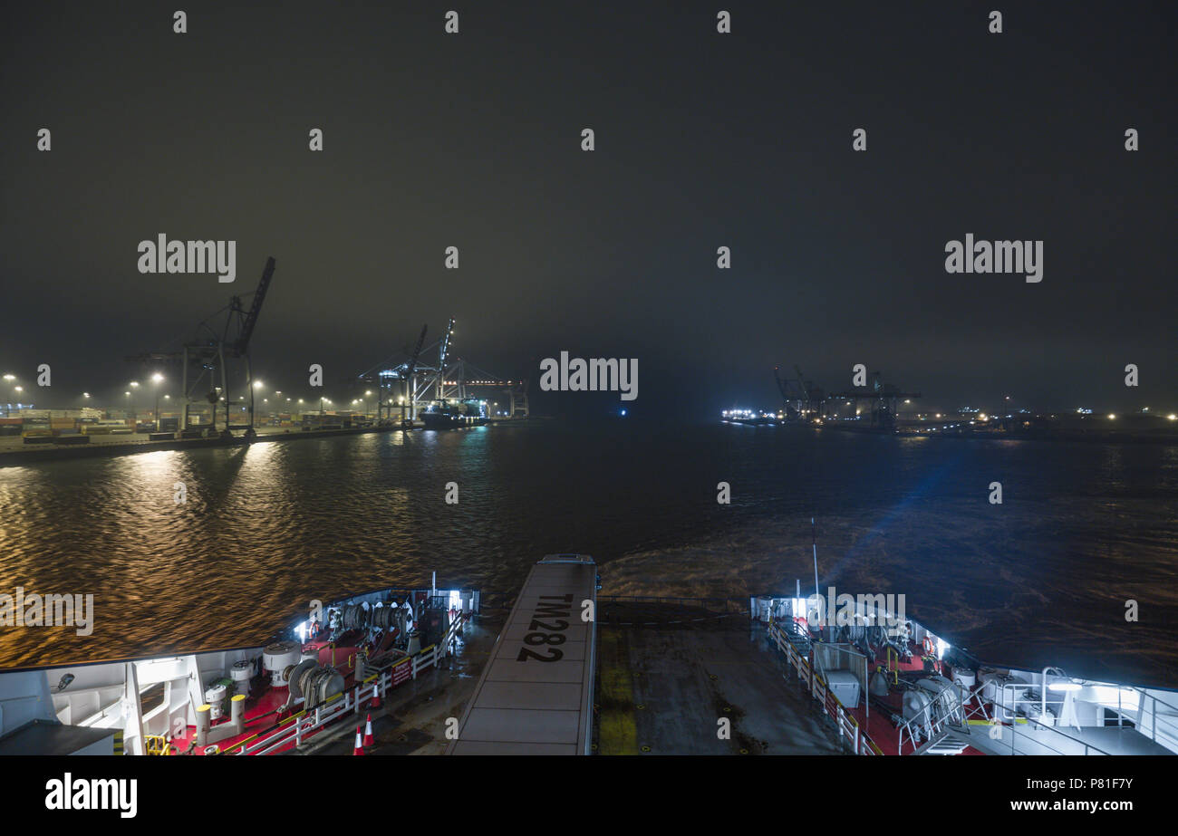 DUNKIRK, FRANCE - 05 JUNE 2018: Departure of crossing ferry at night ...