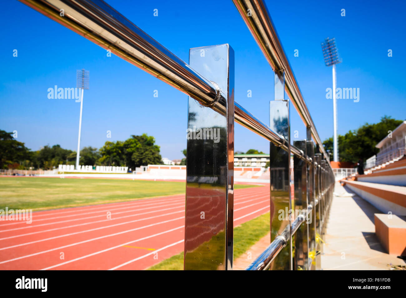 track and field for running sport in stadium with blue sky Stock Photo ...