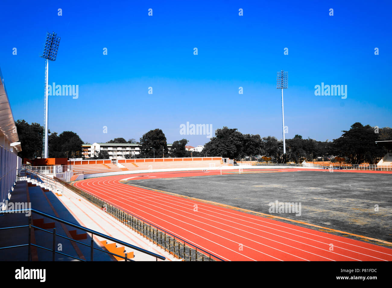 track and field for running sport in stadium with blue sky Stock Photo ...